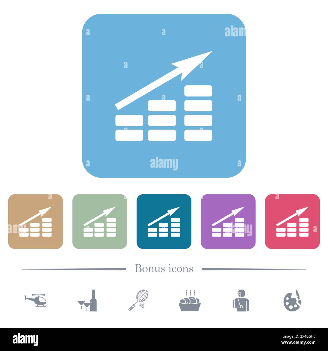 Growing bar graph solid white flat icons on color rounded square ...
