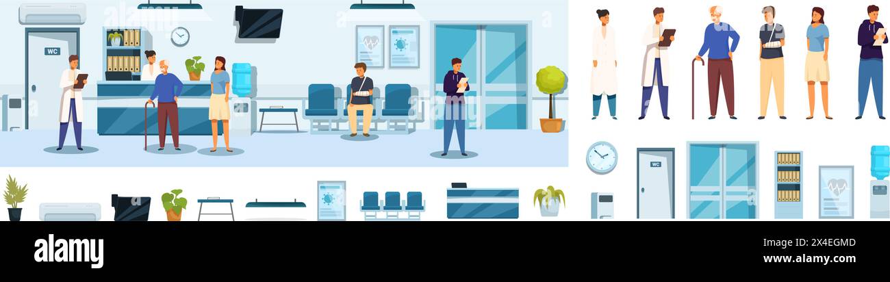 Hospital reception icons set cartoon vector. Medical staff. Doctor ...