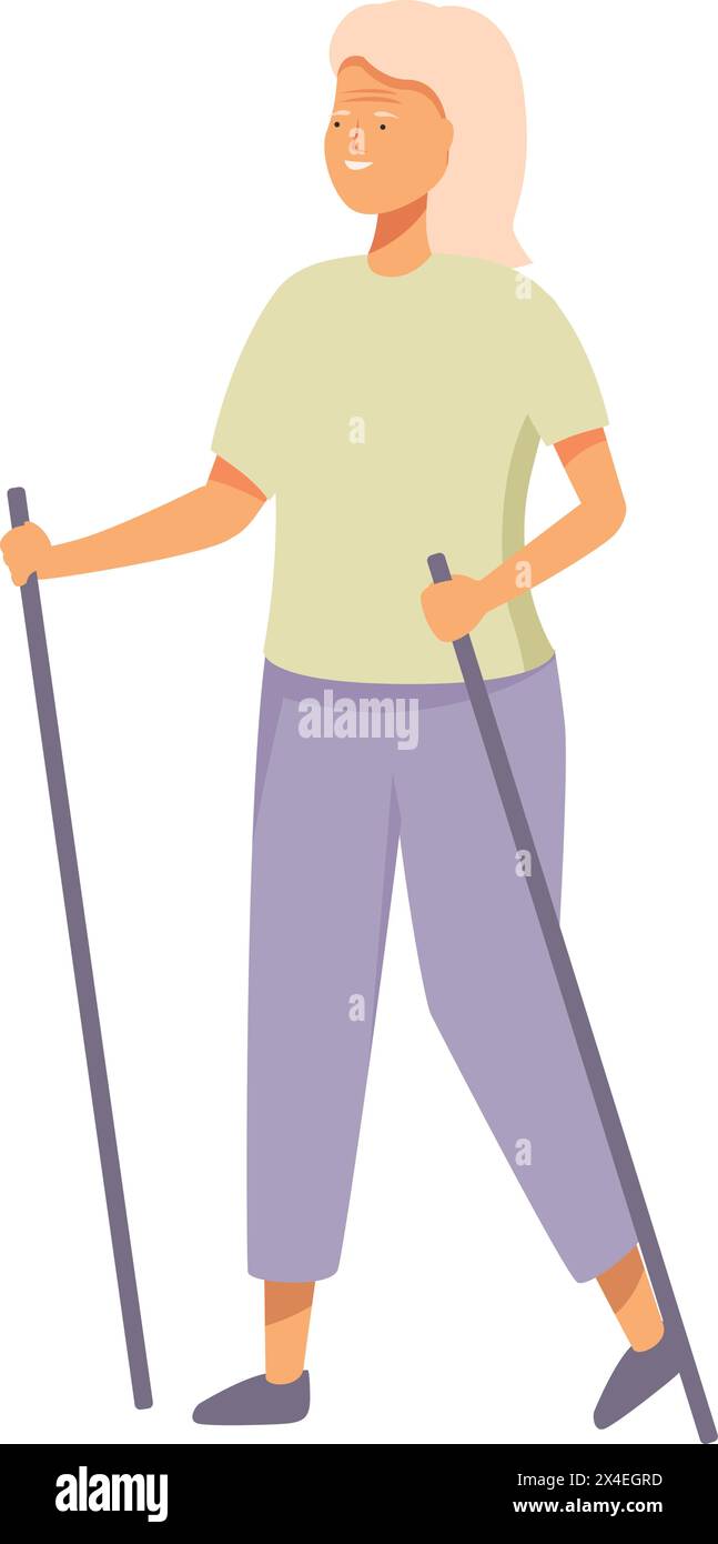 Senior woman nordic walk icon cartoon vector. Trekking activity ...