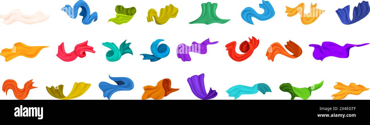 Satin cloth waves floating icons set cartoon vector. Silk ribbon ...