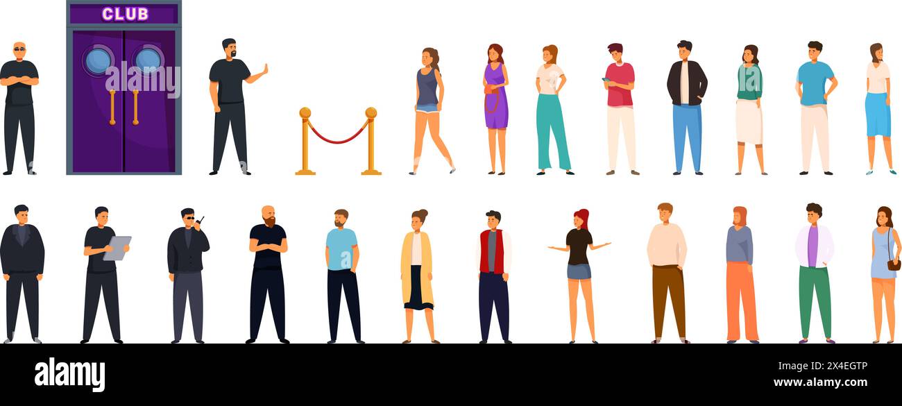 Face control party icons set cartoon vector. Security invitation. Staff ...