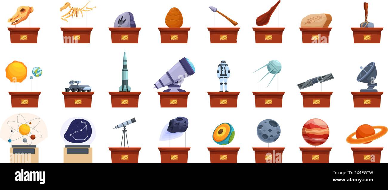 Science museum exhibits icons set cartoon vector. Space astronaut ...