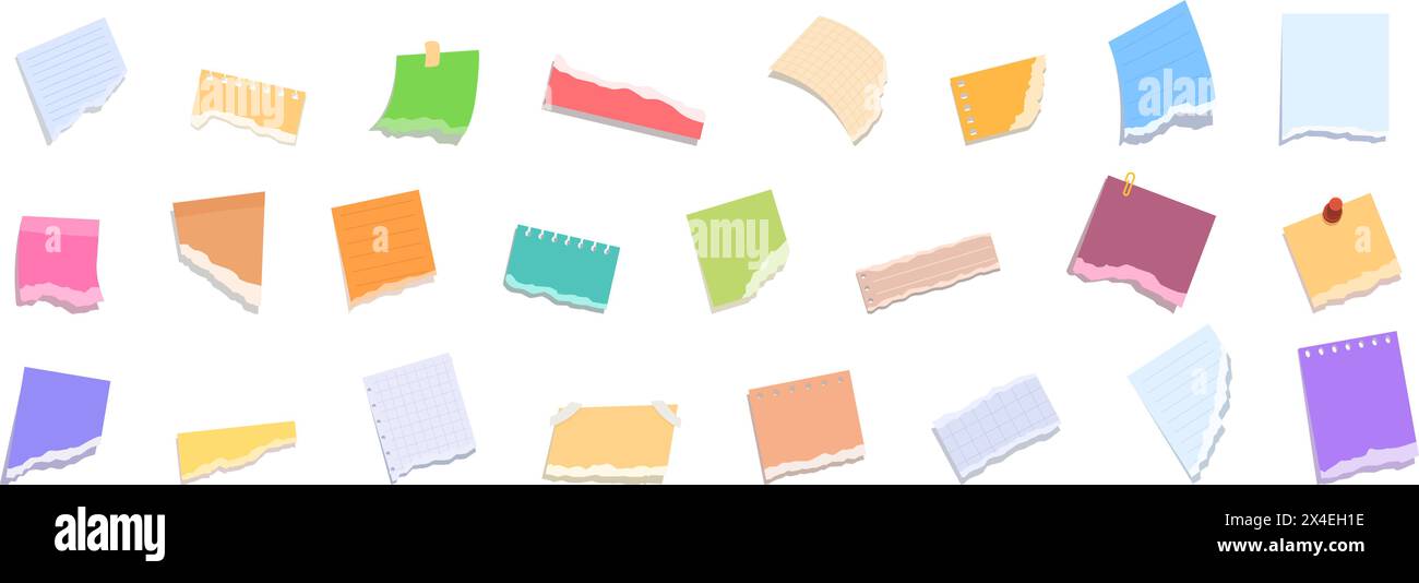 Torn paper sheets icons set cartoon vector. Note piece. Notice work ...