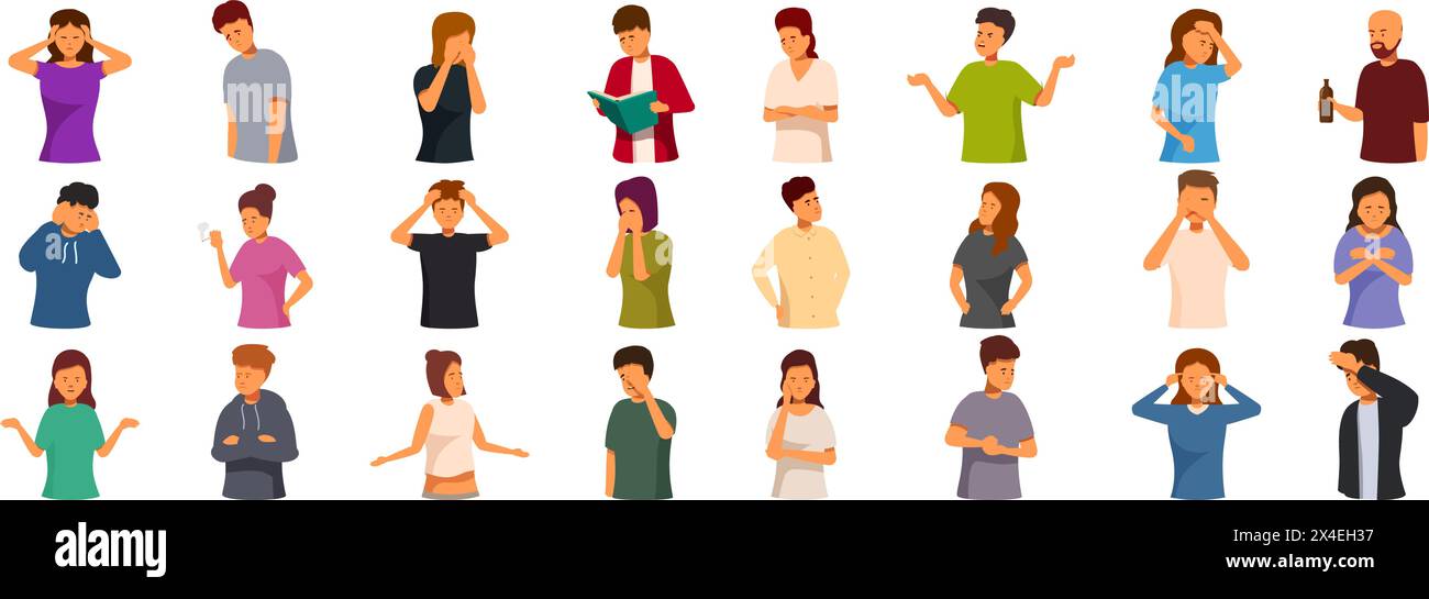 Feeling overwhelmed icons set cartoon vector. Anxiety depressed. Female ...