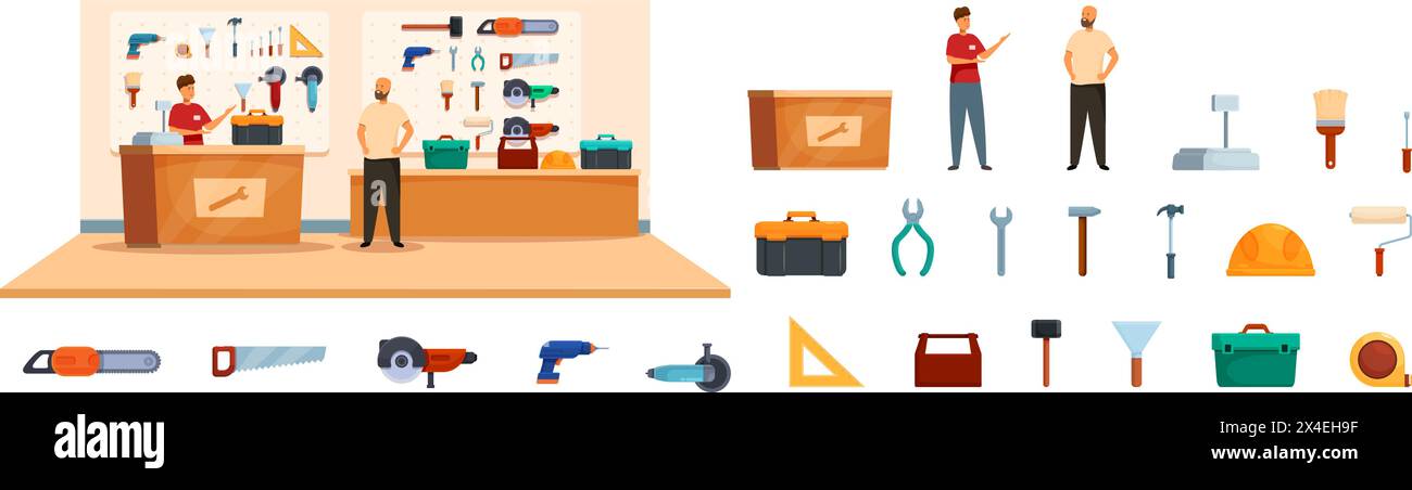 Man buy toolbox icons set cartoon vector. Construction fixing. Sale ...