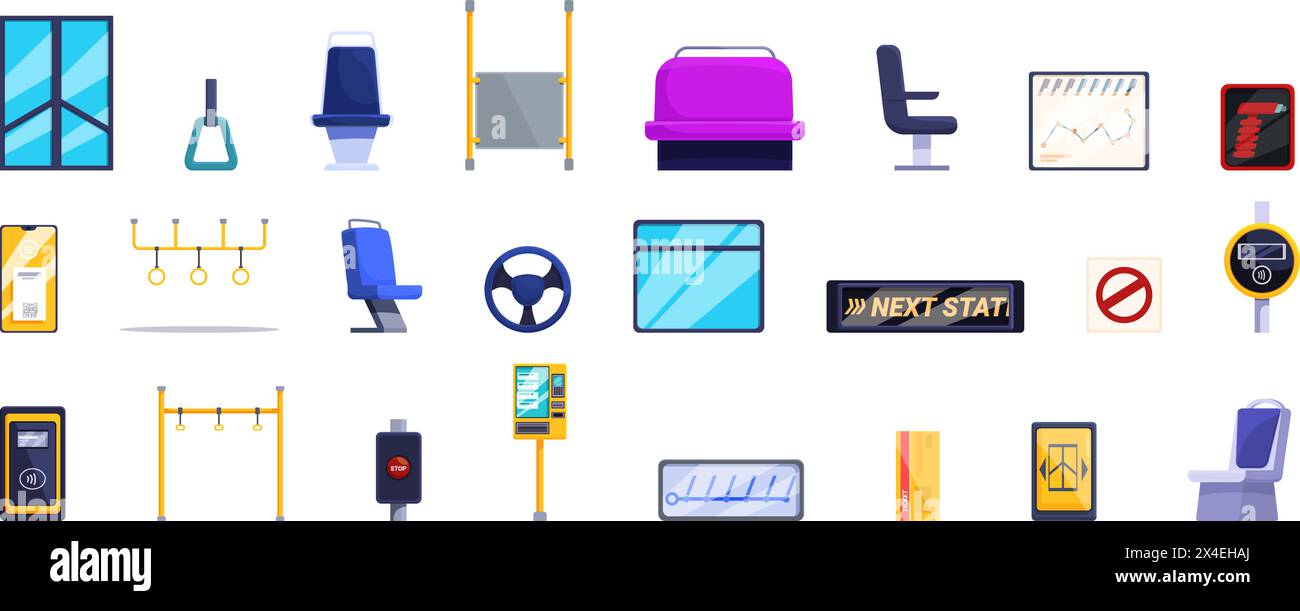 Bus interior icons set cartoon vector. Public seat. Pole vehicle ...