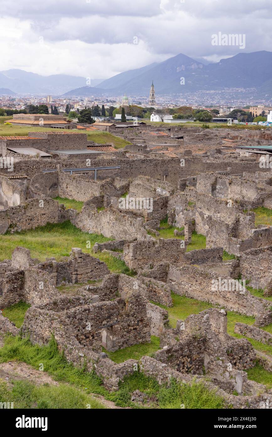 Pompeii Italy; View of the extent of the Pompeii ruins from above ...