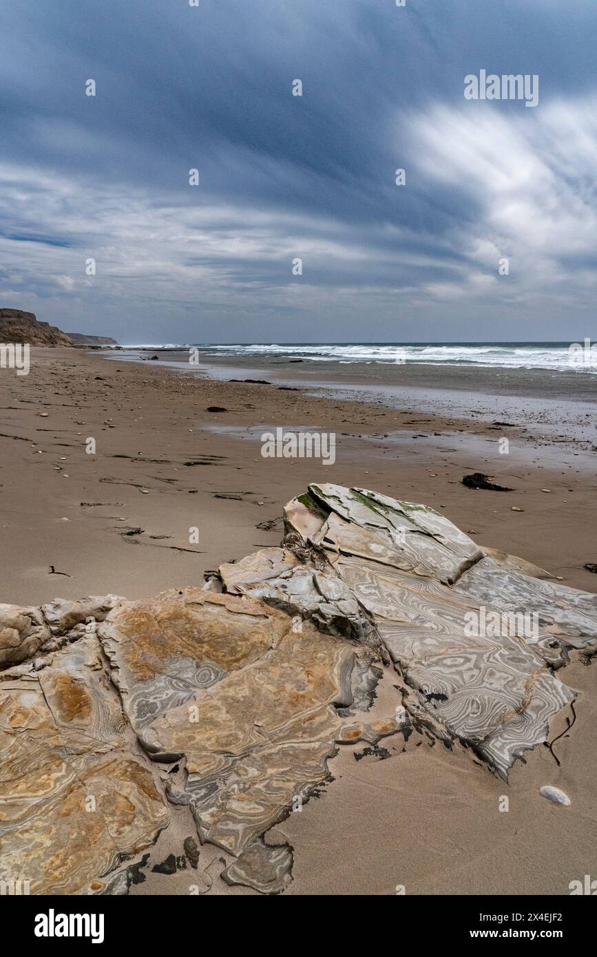 USA, California. Jalama Beach County Park rocky beach and clouds Stock ...