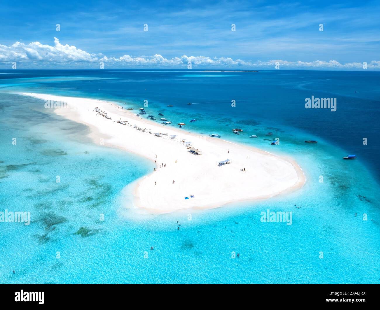 Aerial view of island, sandbank in blue sea, white sand, boats Stock ...