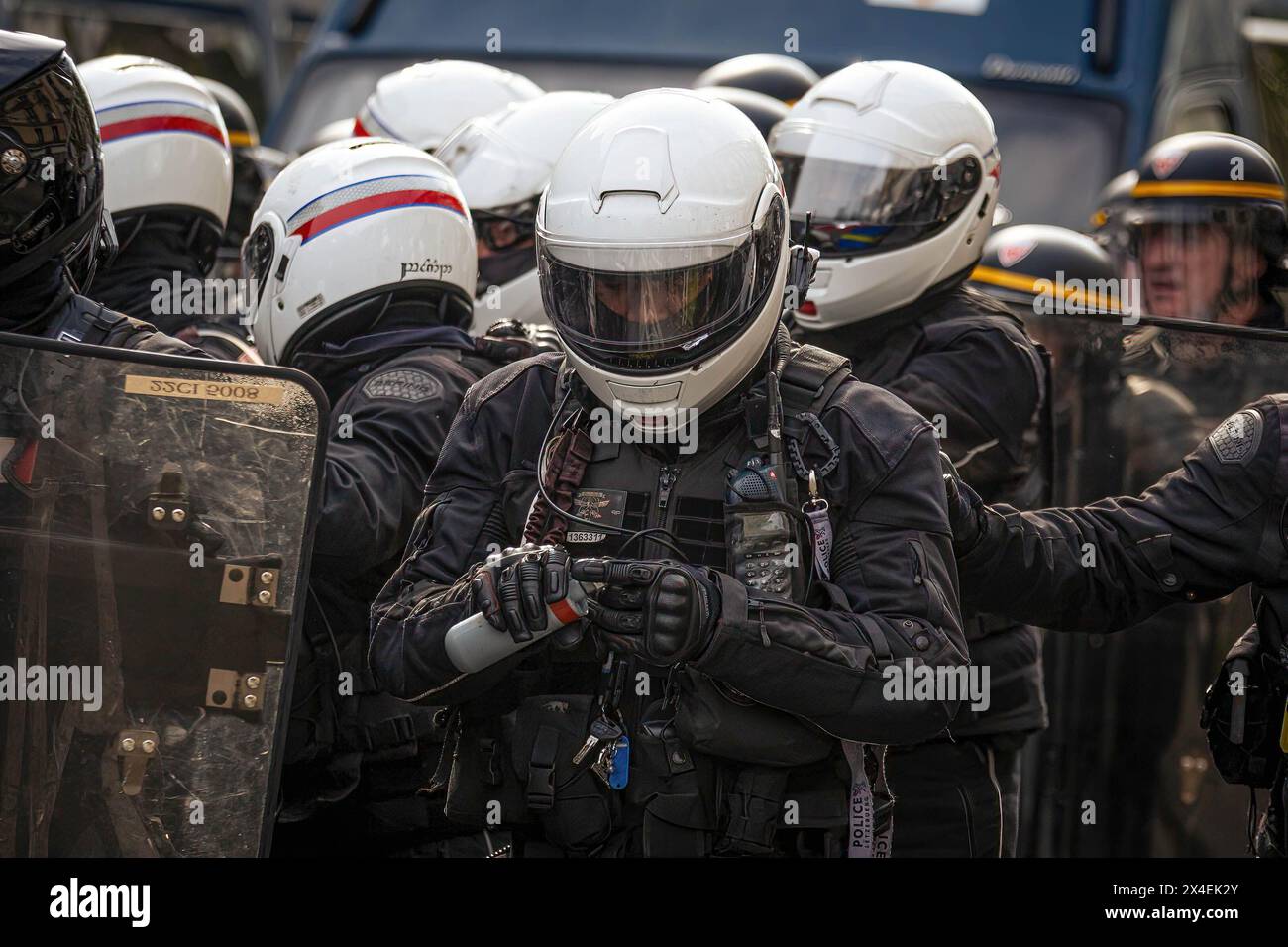 Paris, France. 01st May, 2024. A police of the Brav-M squad, seen ...