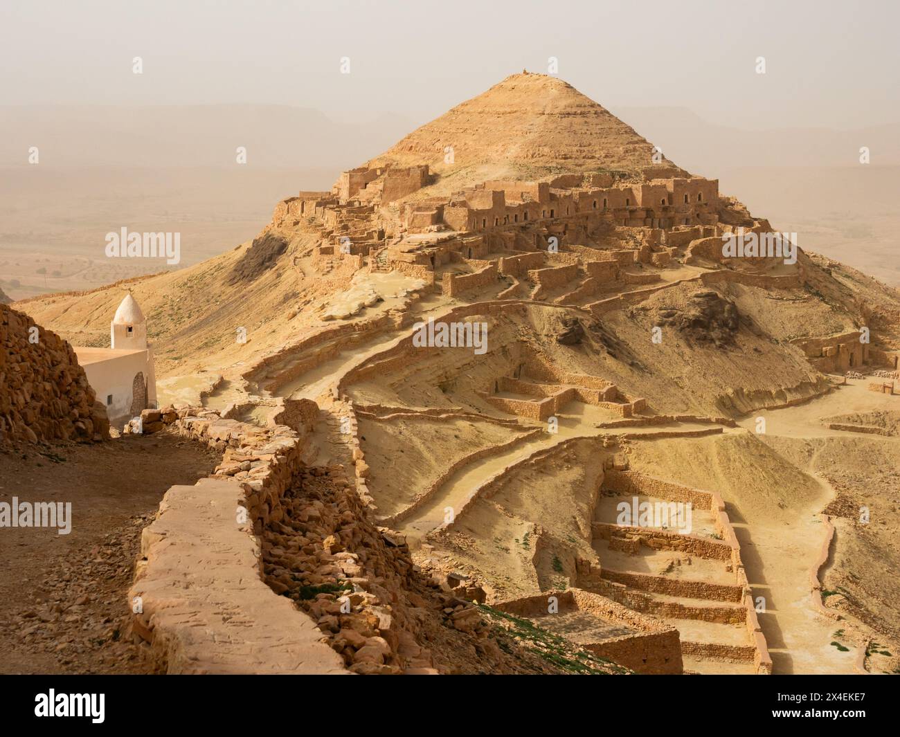 Abandoned Berber village of Ksar Guermassa with mosque in Tunisia Stock ...
