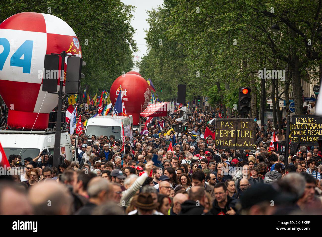 Paris, France. 01st May, 2024. Crowds of protesters seen in the streets ...