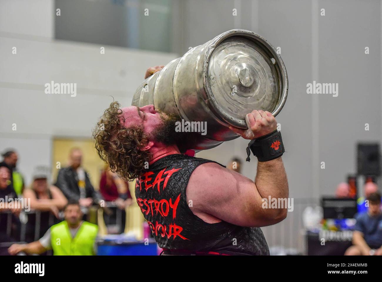 Australian strongman Jesse Lowe is seen in action with keg at 2024 ...