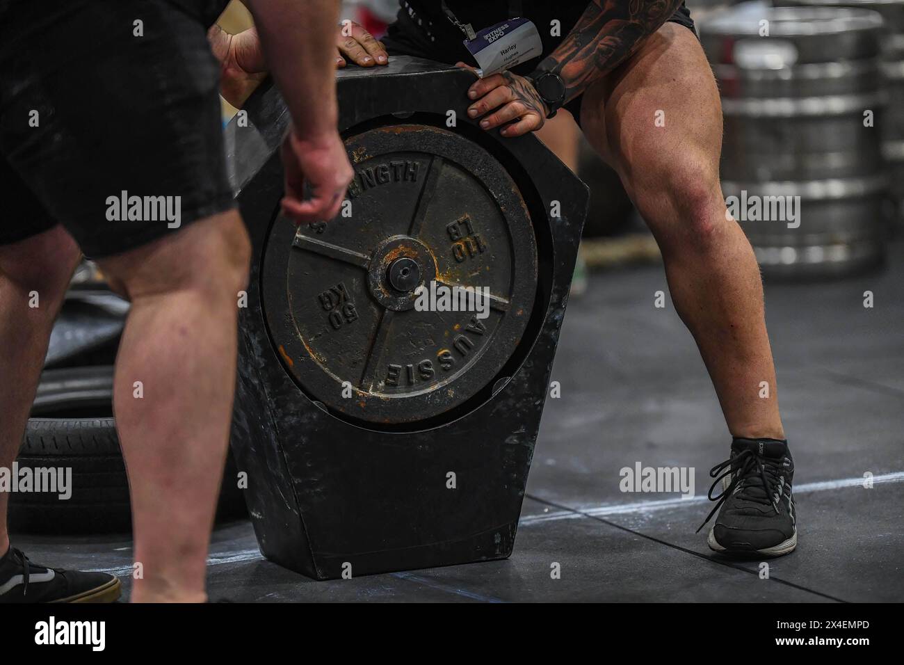 Coffin Carry is being loaded with weights at 2024 Oceania Strongman ...