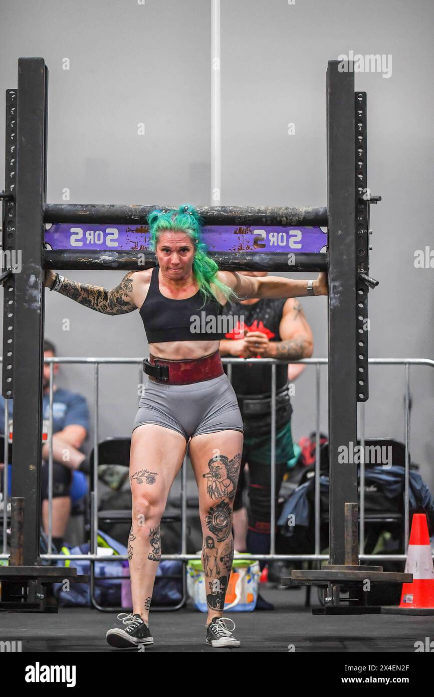 Melbourne, Australia. 13th Apr, 2024. Australian strongwoman Kimmy Anne is seen performing Yoke ...