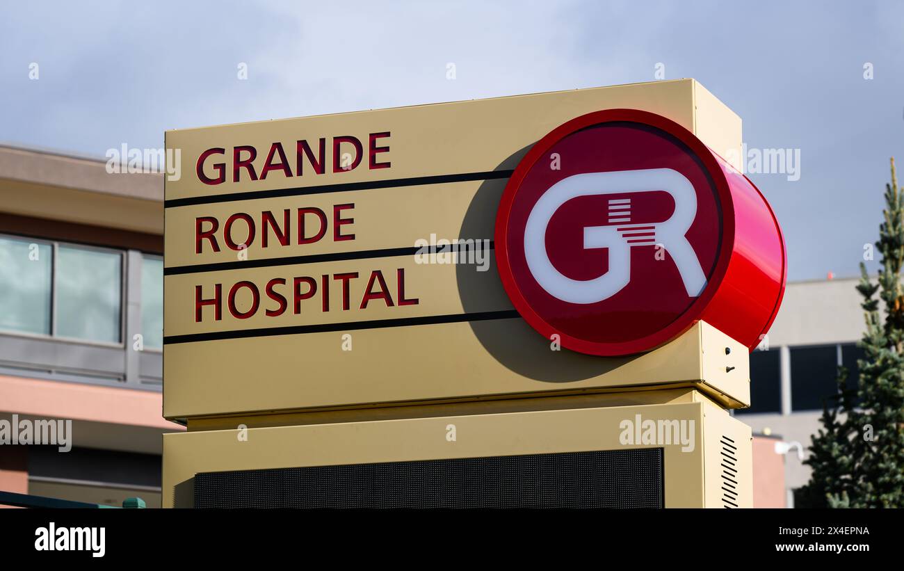 La Grande, OR, USA - April 27, 2024; Sign with logo at Grande Ronde ...