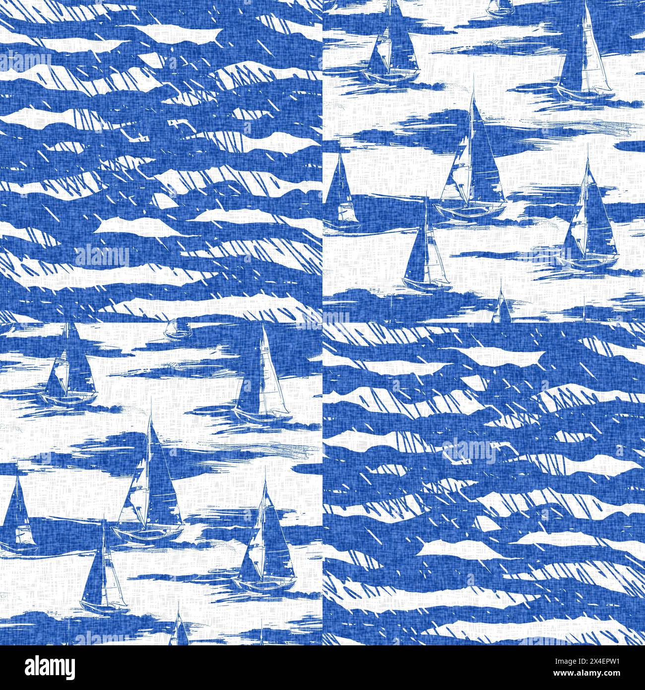 Coastal summer patchwork sail boat in azure ocean blue seamless ...