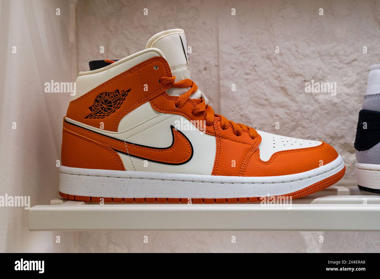 Nike Air Jordan sneakers on the shelf at the Nike brand store. Minsk ...
