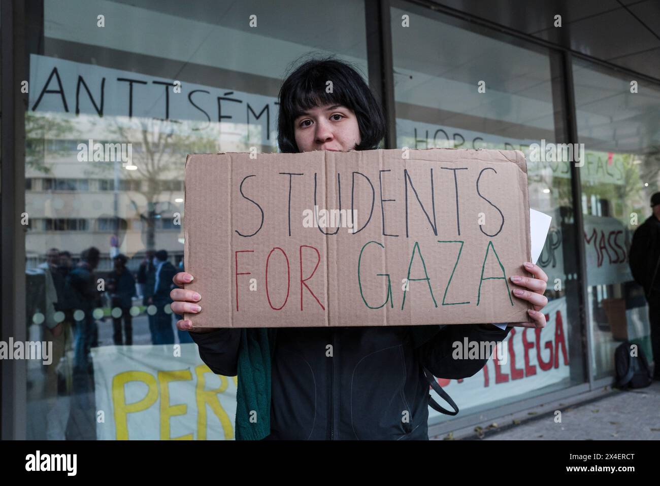 An ENS student with a placard, Students for Gaza. Mobilization for Gaza ...
