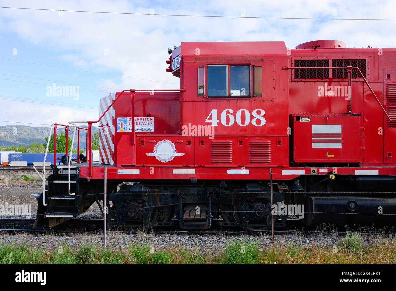Island City, OR, USA - April 27, 2024; Cab of red Idaho Northern and ...