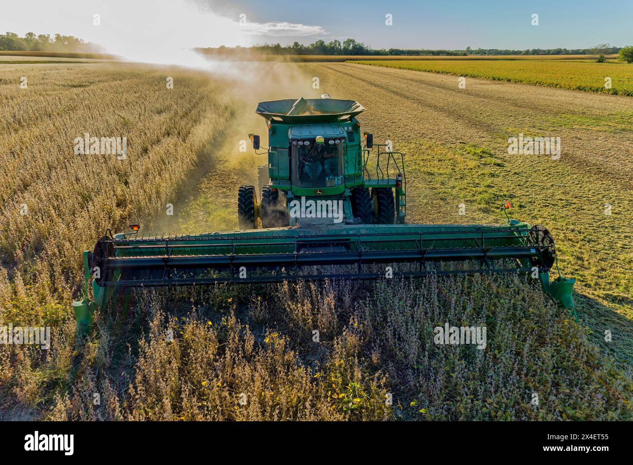Aerial of farmer harvesting soybeans, Marion County, Illinois ...