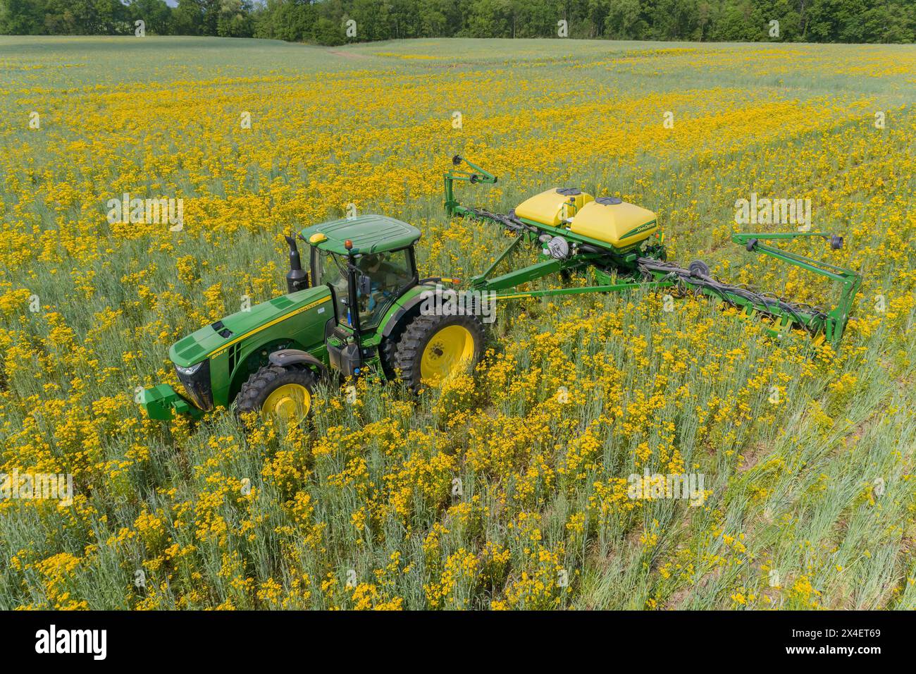 Aerial of a farmer planting zero till soybeans, Marion County, Illinois ...