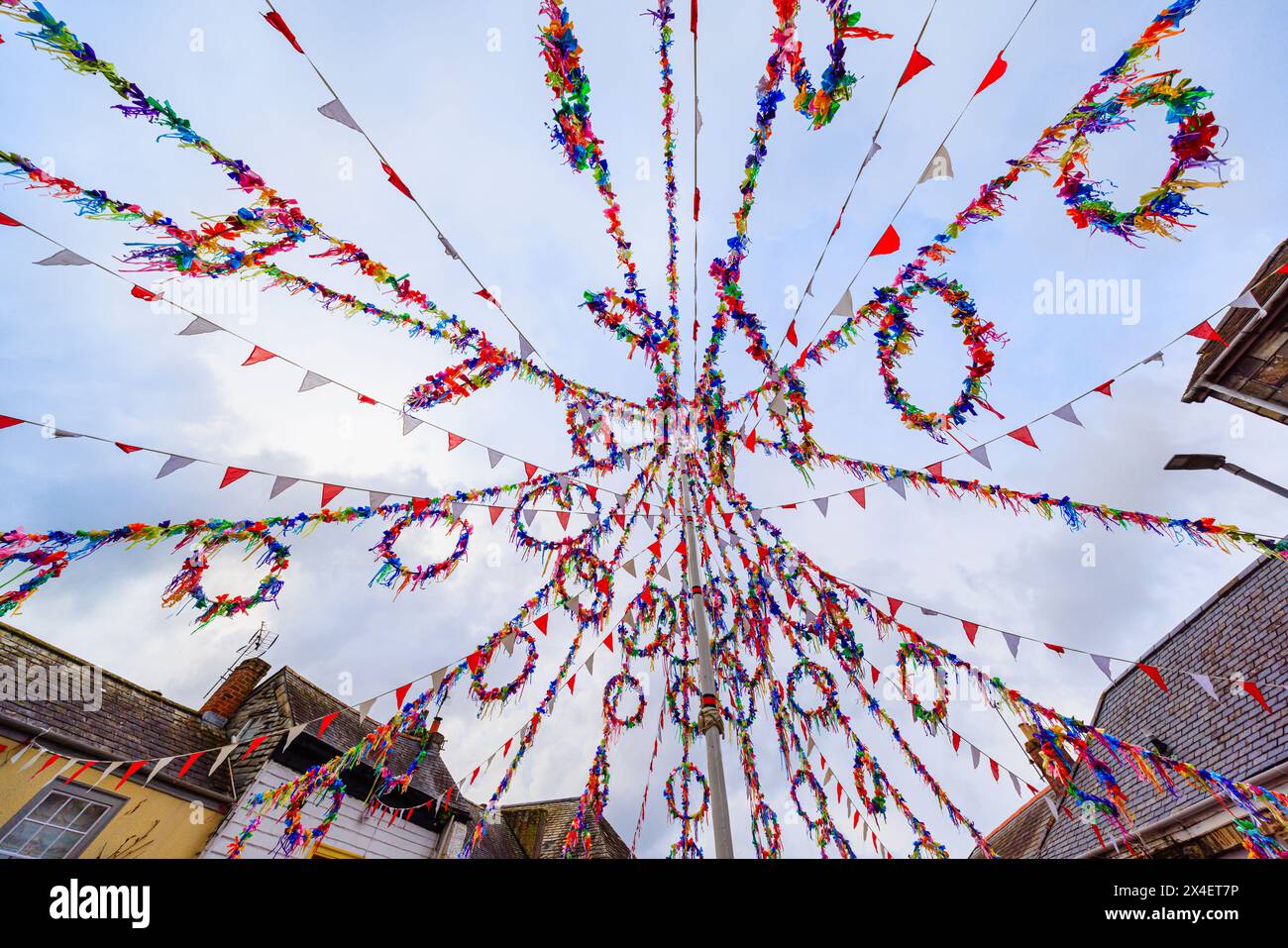 The colourful maypole for the 'Obby 'Oss festival, a traditional annual ...