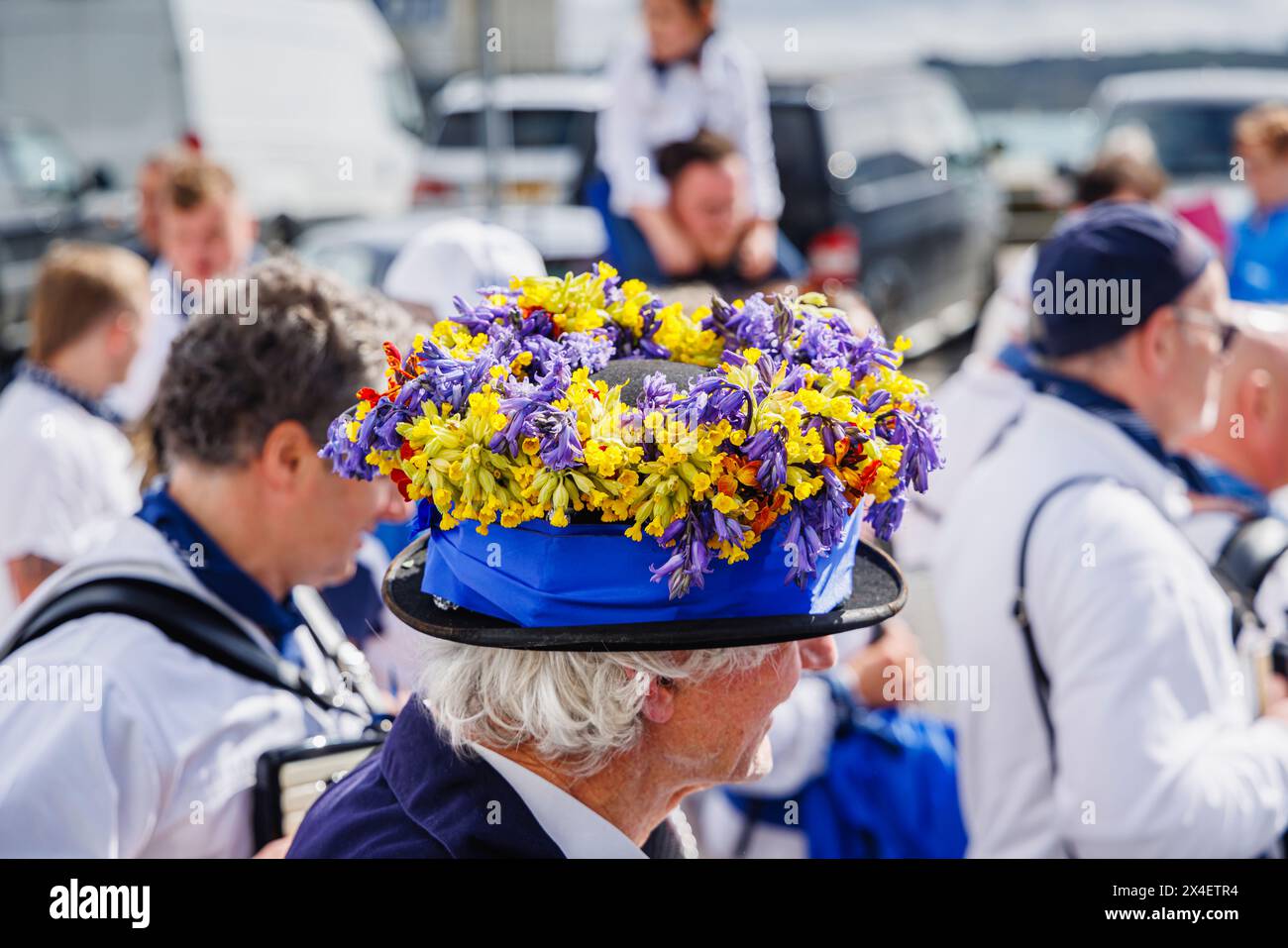 Bluebell and cowslip garlanded hat worn be a performer at the 'Obby ...