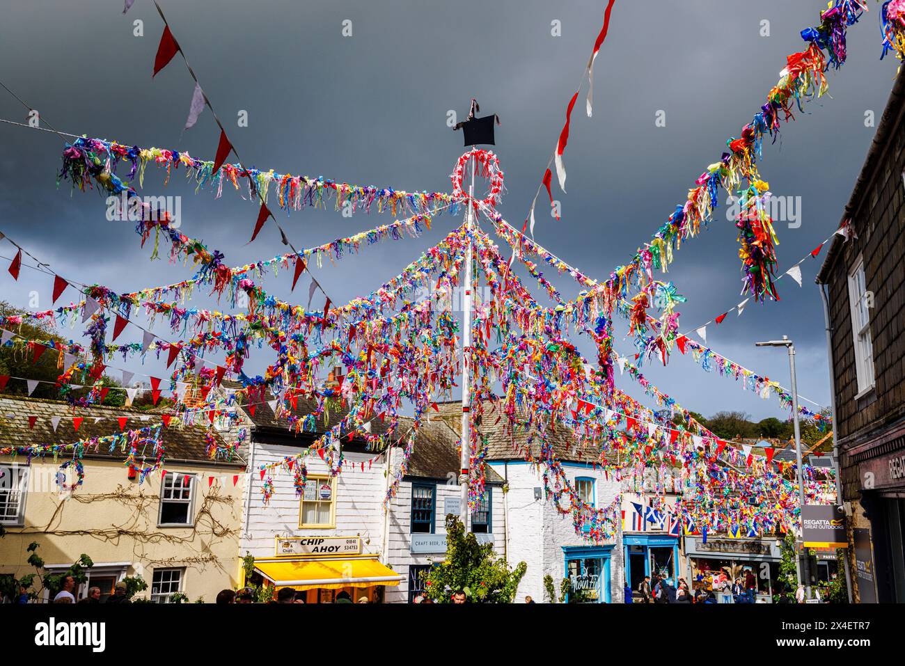 The colourful maypole for the 'Obby 'Oss festival, a traditional annual ...