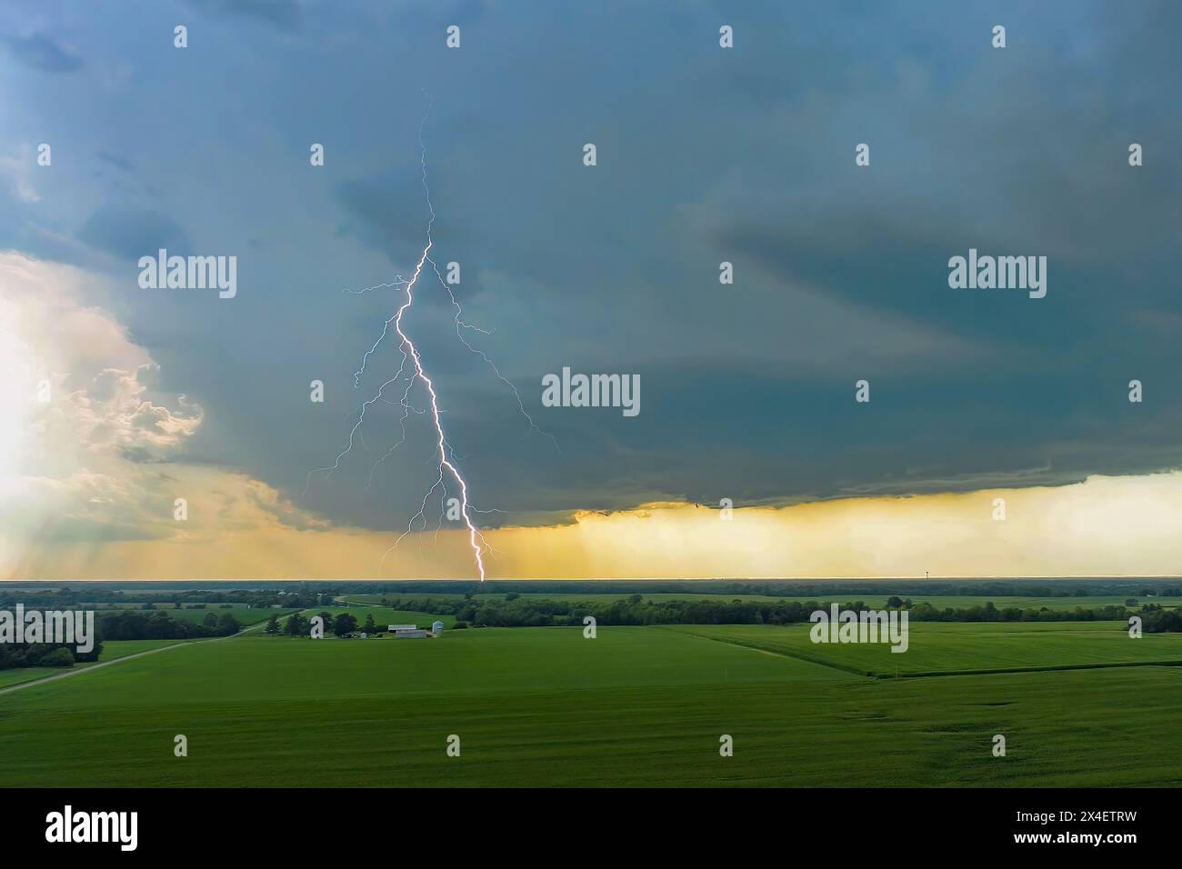 Aerial of approaching storm with a lightning strike, Marion County, Illinois. (Editorial Use ...