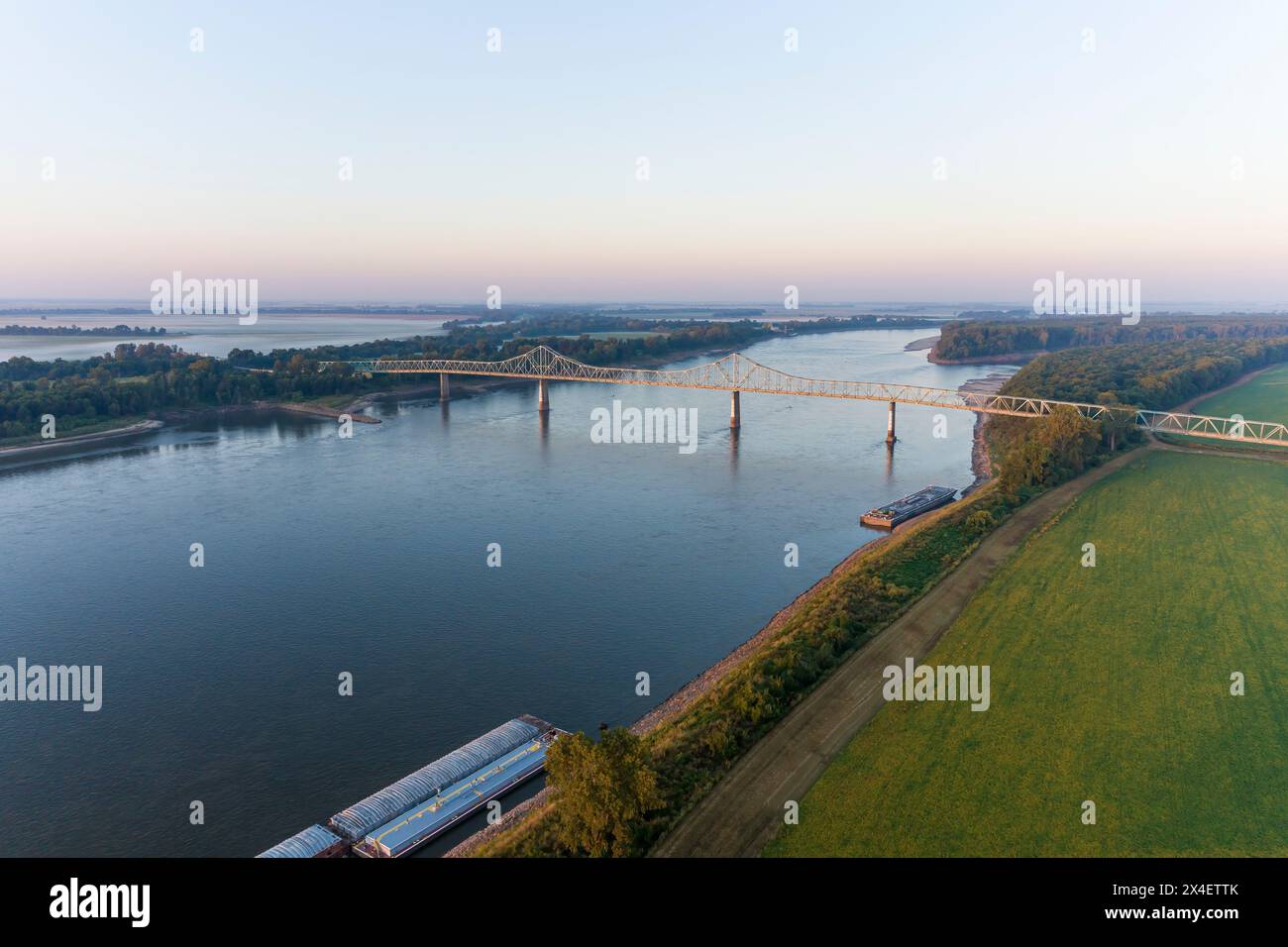 Aerial of the Mississippi River and bridge to Missouri near the ...