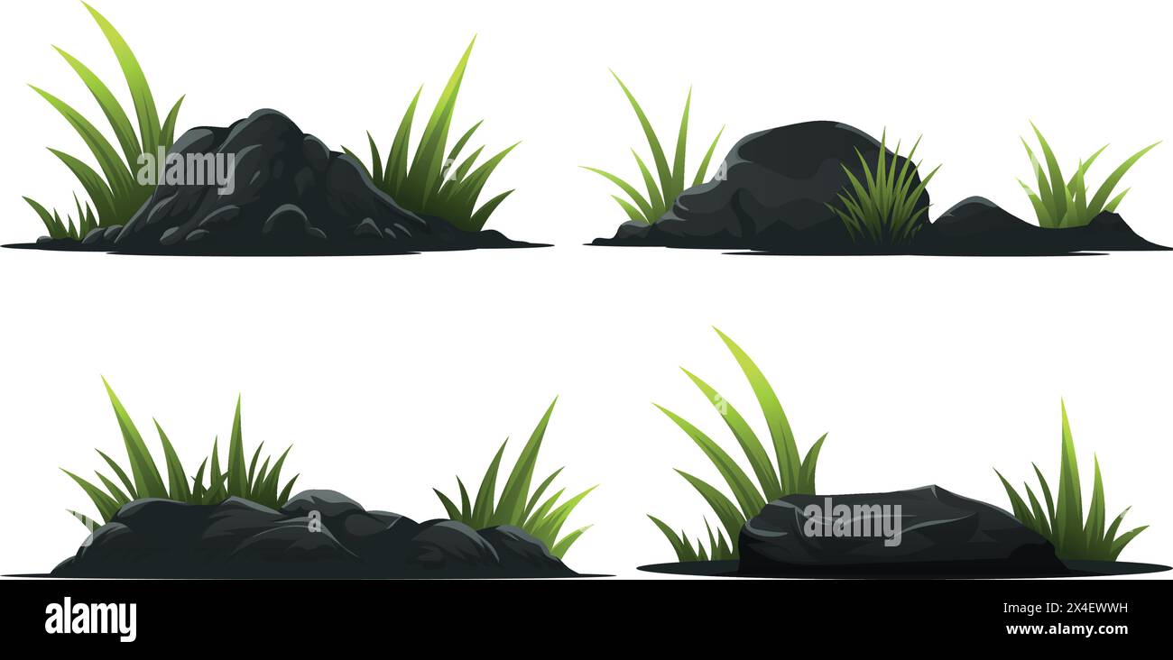Vector stone with green bush and grass elements collections with flat ...