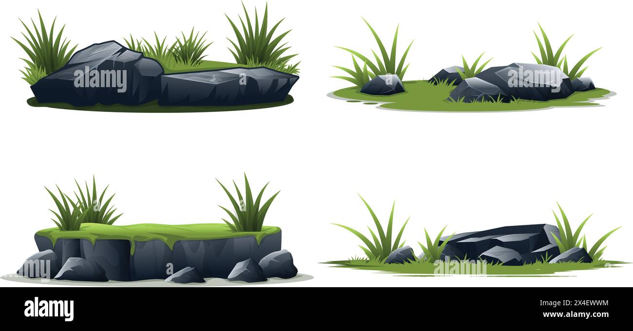 Stone, Grass and bush elements collections with flat design Stock ...