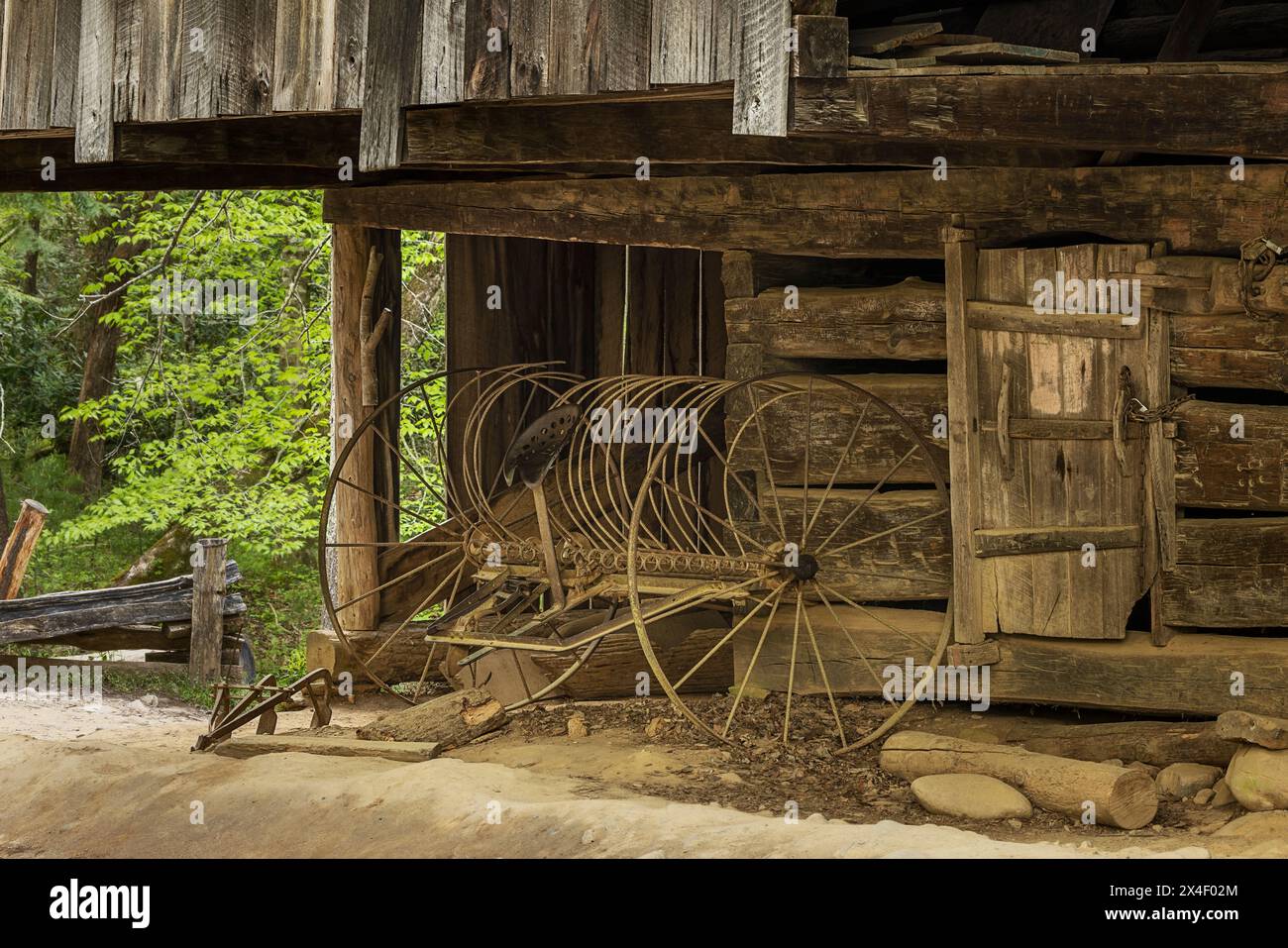 Historic barn and hay rake, Cades Cove, Great Smoky Mountains National ...