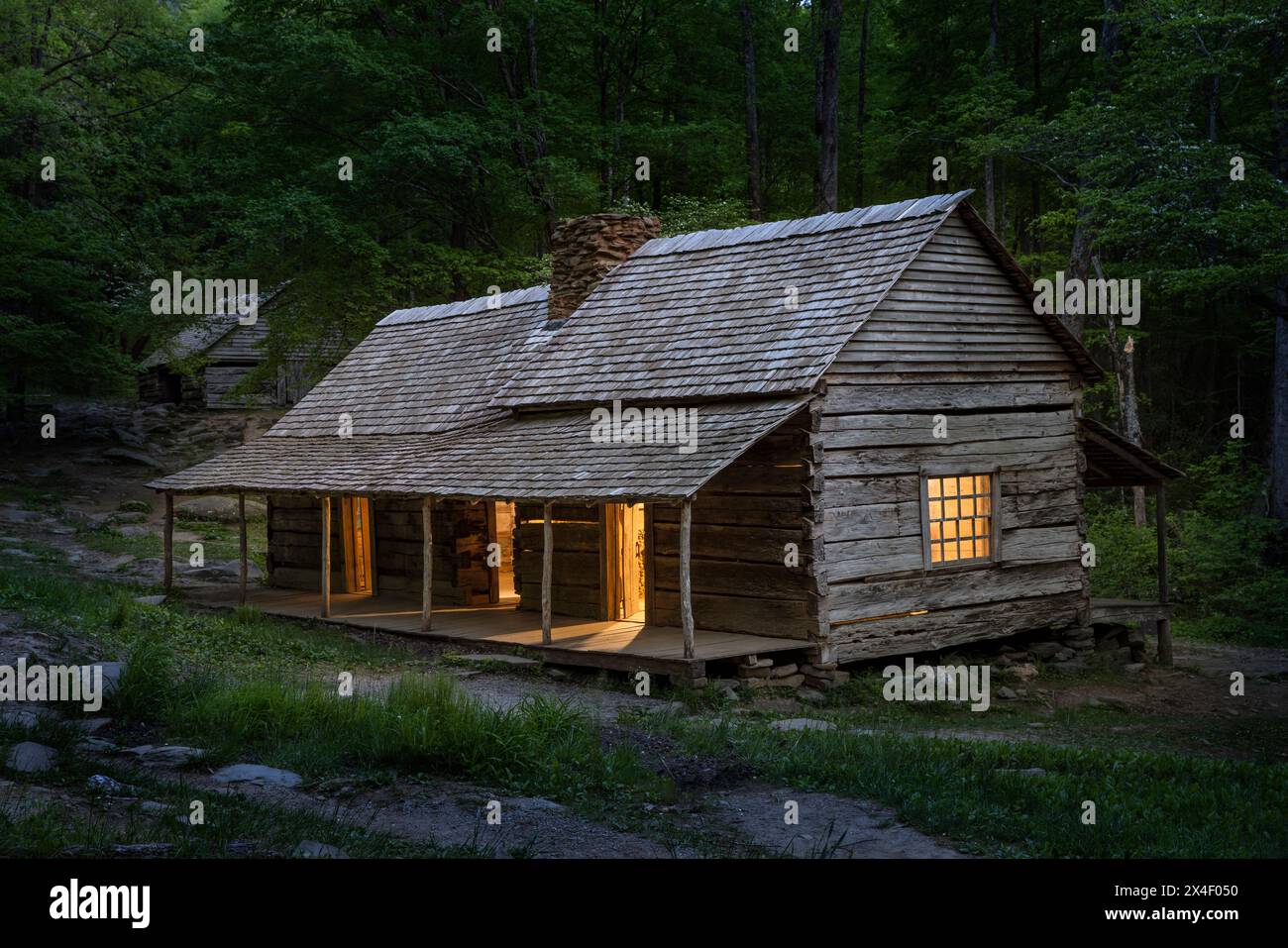 Noah 'Bud' Ogle cabin at dusk, Roaring Fork Motor Nature Trail, Great Smoky Mountains National ...