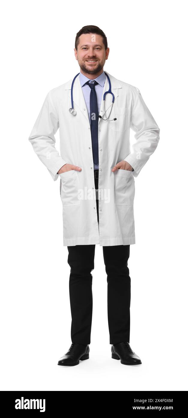 Full length portrait of smiling doctor isolated on white Stock Photo ...