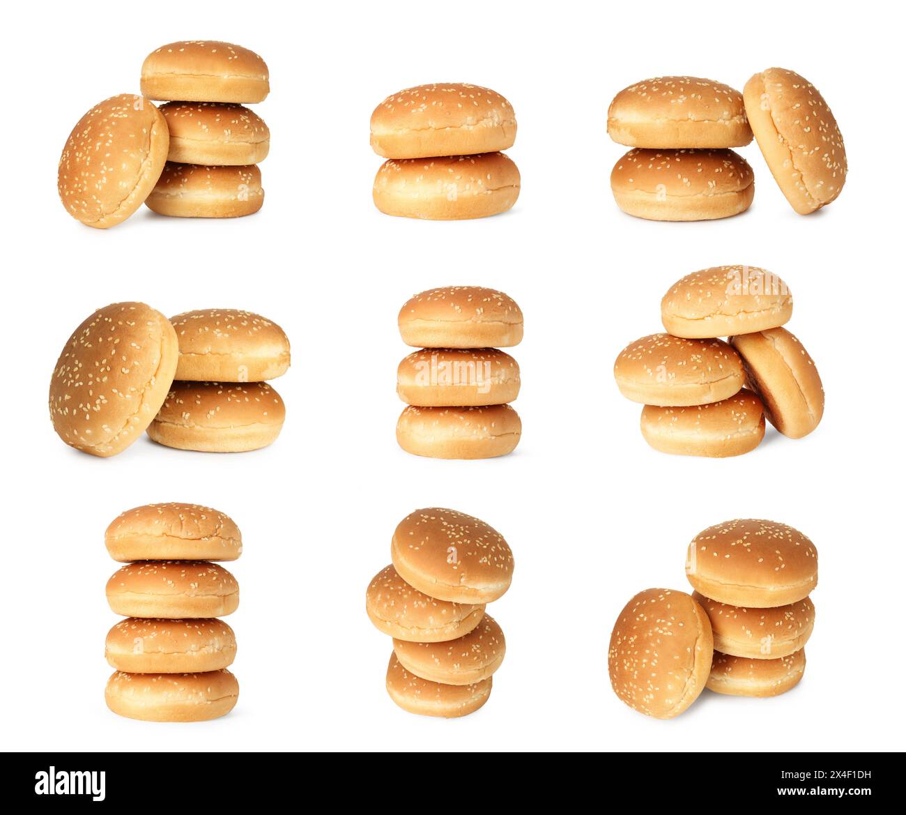 Stacks of fresh burger buns isolated on white, collage Stock Photo - Alamy