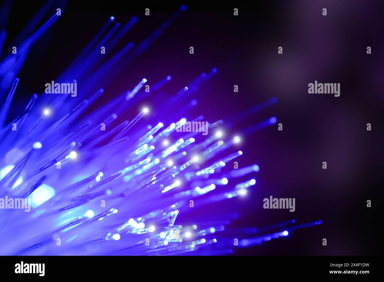 Optical fiber strands transmitting blue light on black background ...