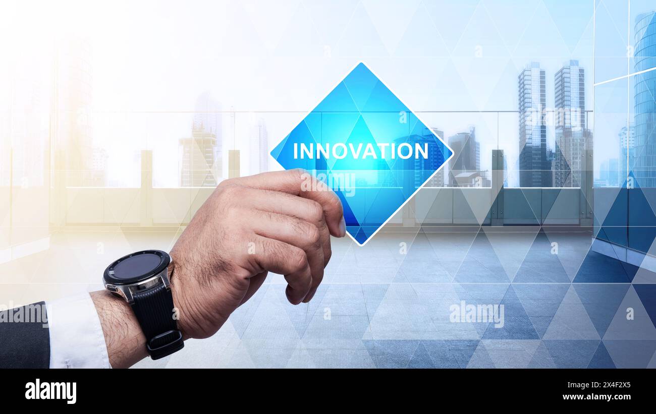 Business hand showing innovation text. New ideas with innovative ...