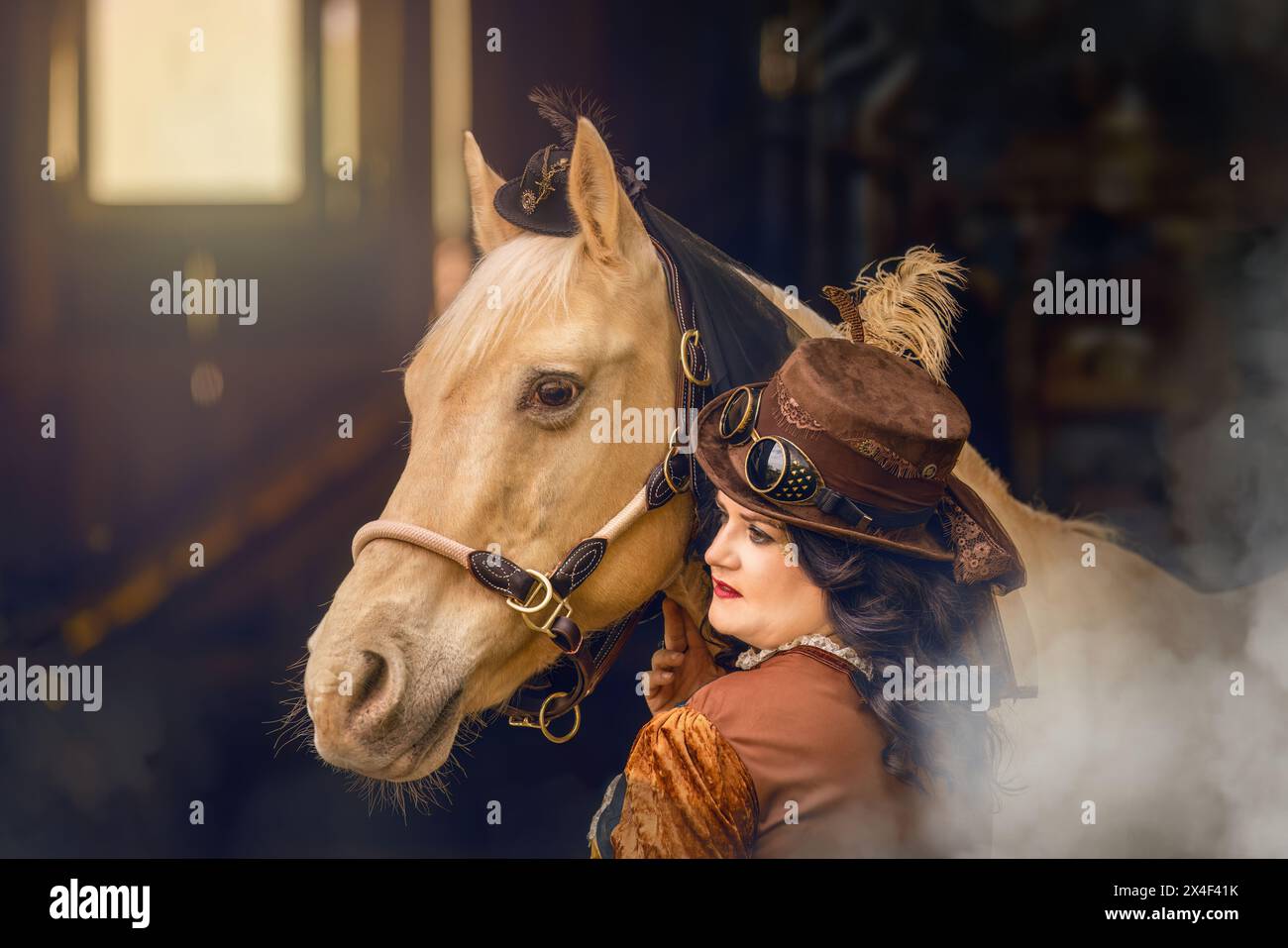 Portrait of a young woman and her palomino horse cosplay dressed in a ...