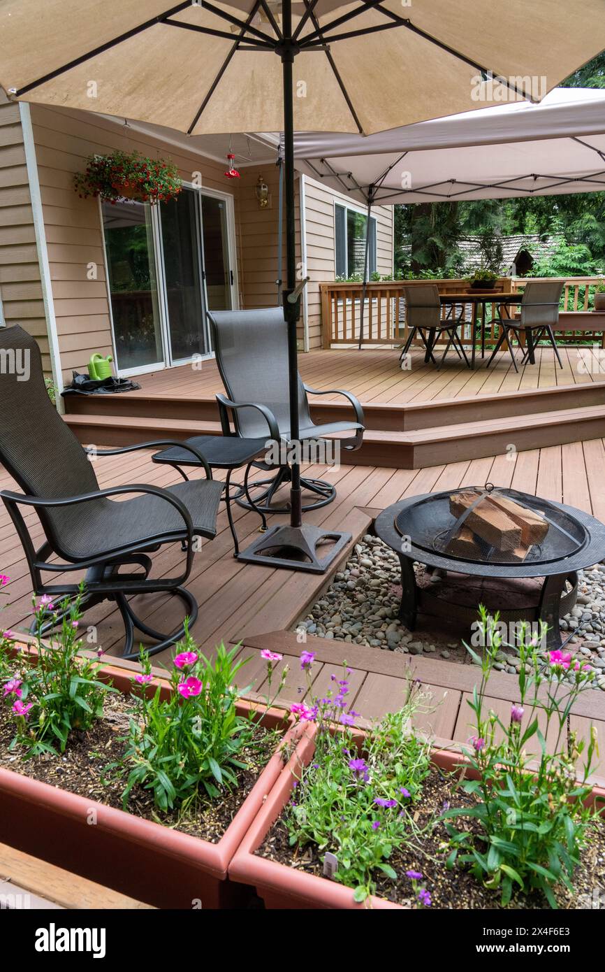Issaquah, Washington State, USA. Backyard patio on a composite deck ...