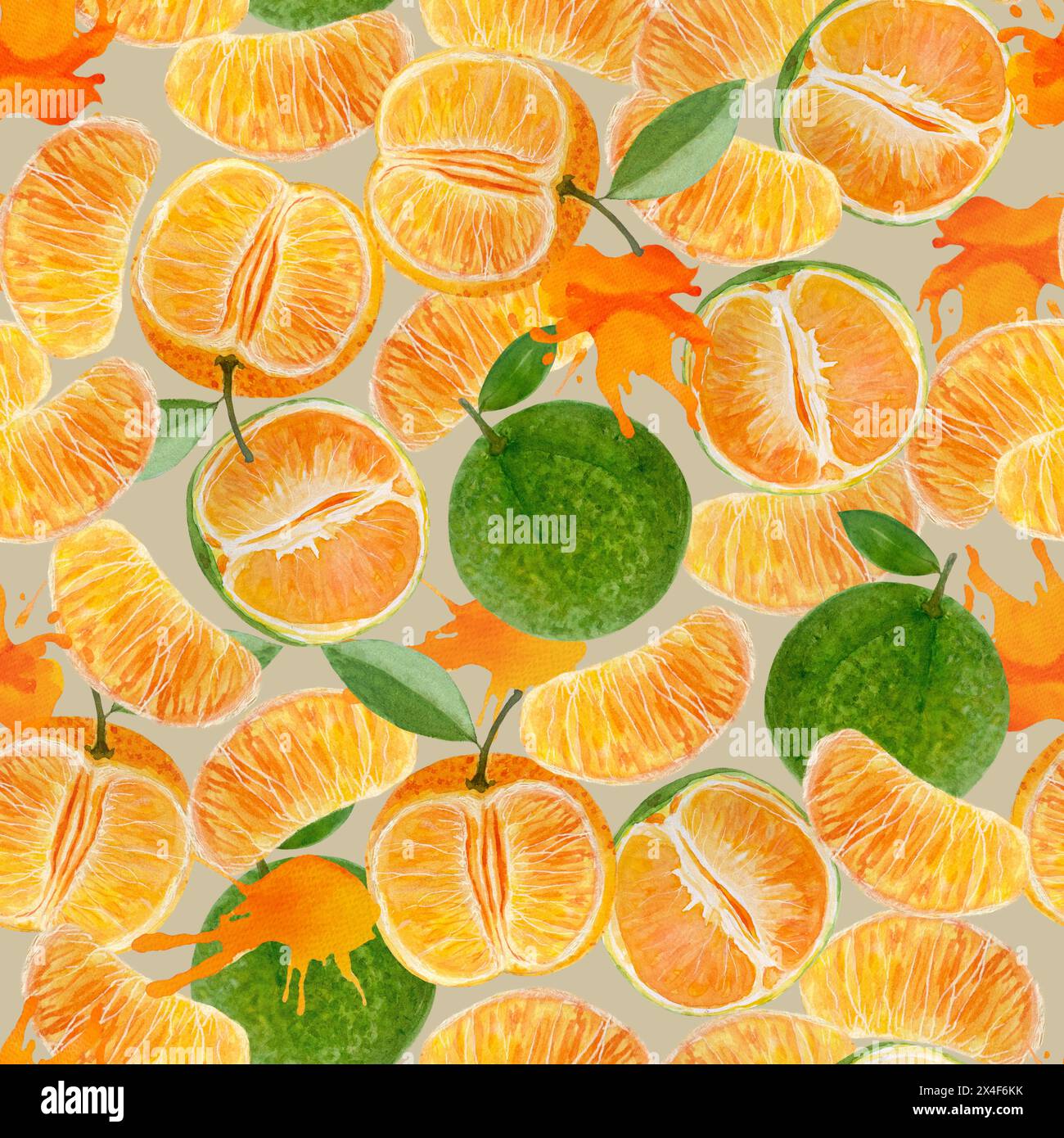 Green orange tangerine and color splash watercolor seamless pattern on ...