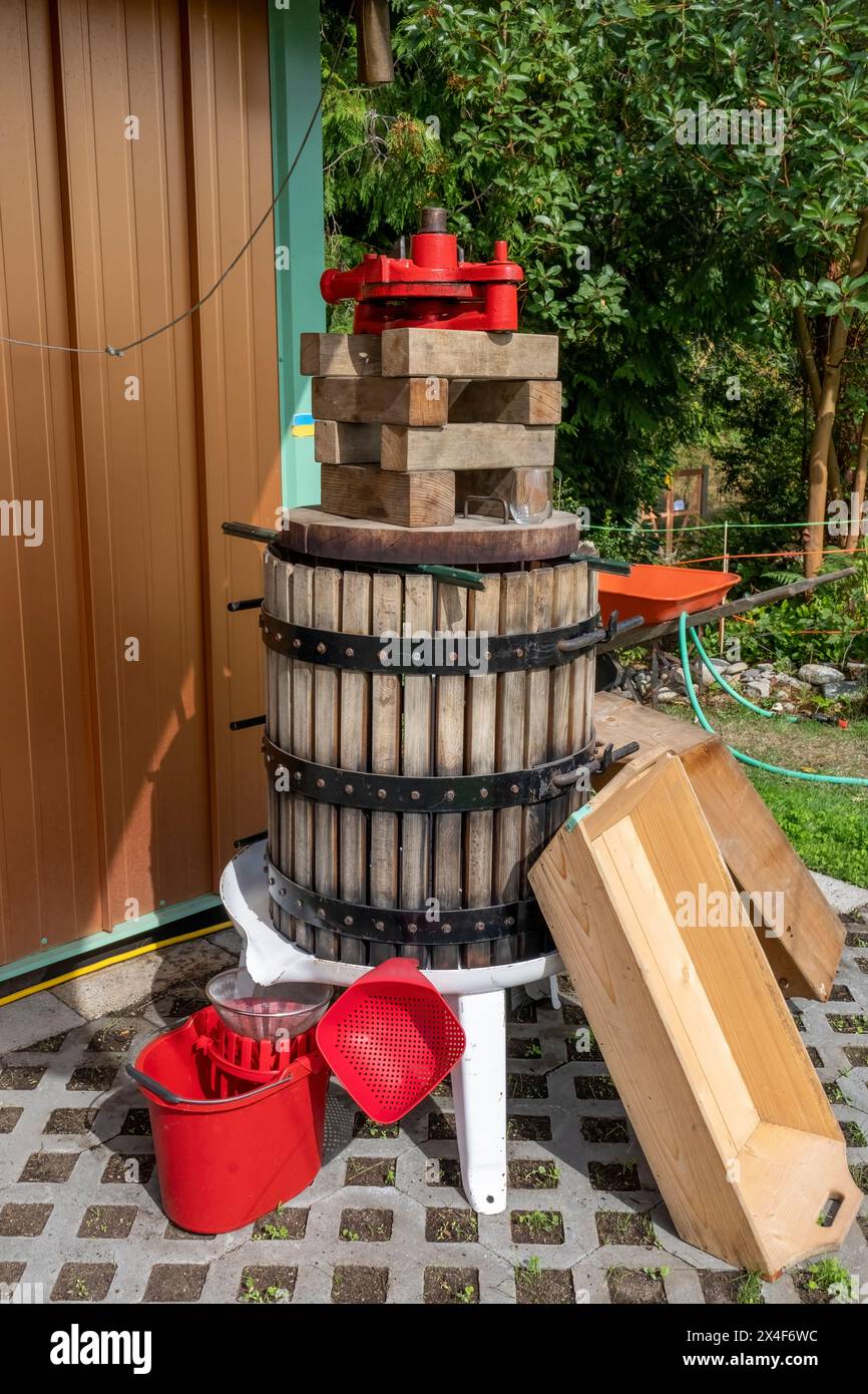 Port Townsend, Washington State, USA. Manual cider press equipment ...