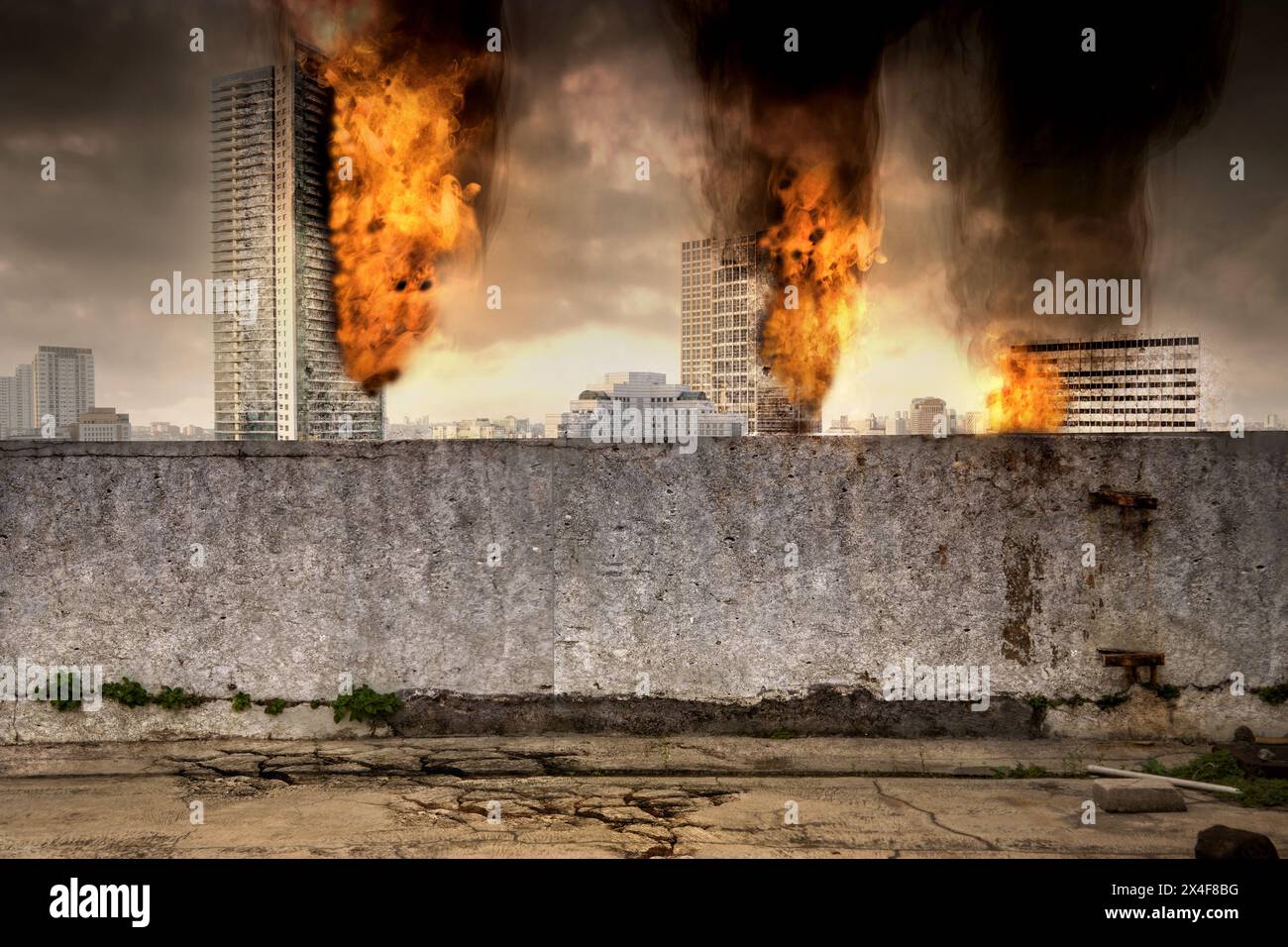 Burned and destroyed building in apocalypse city. A building is on fire ...