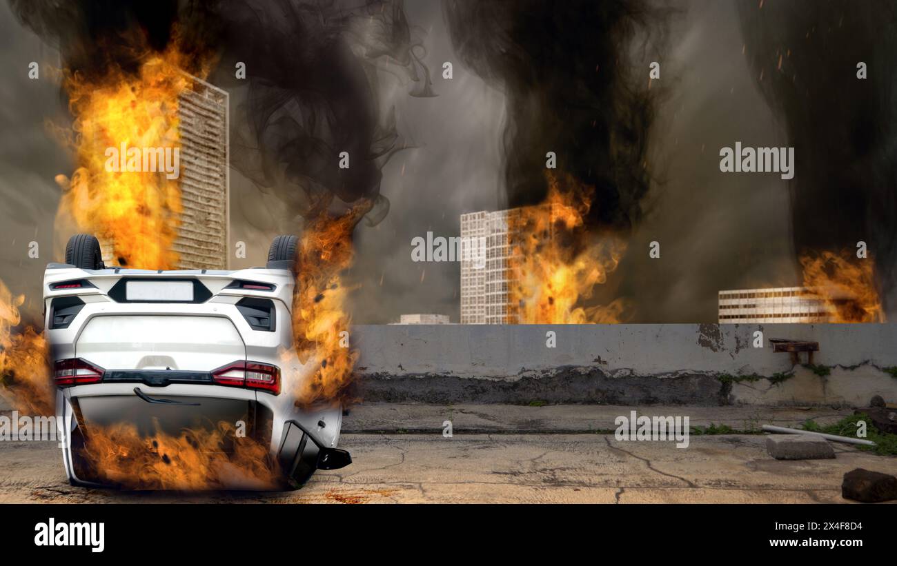 Burnt out vehicle with burned and destroyed building in apocalypse city ...