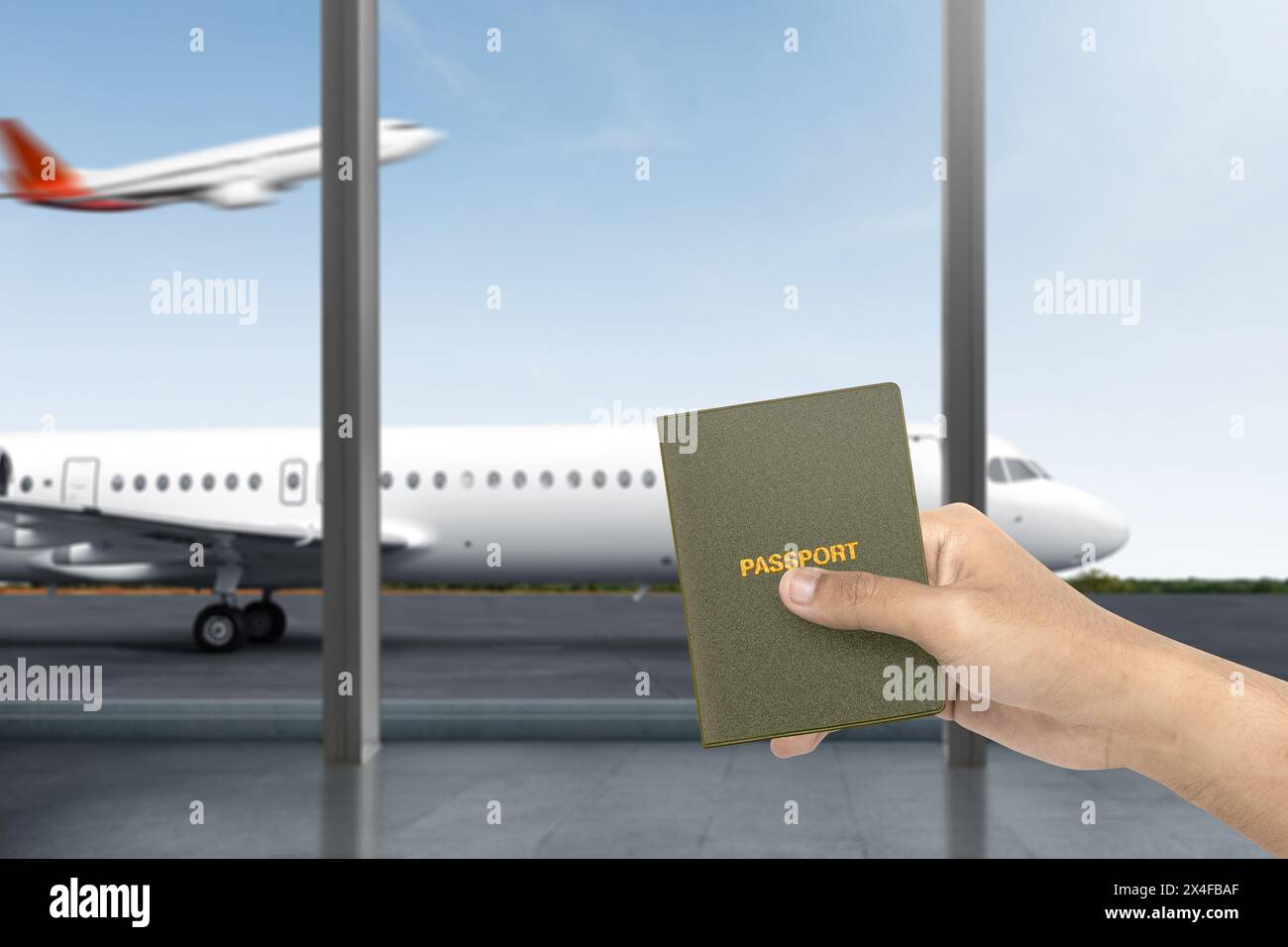 Human hand holding a passport for traveling on the airport. Traveling ...