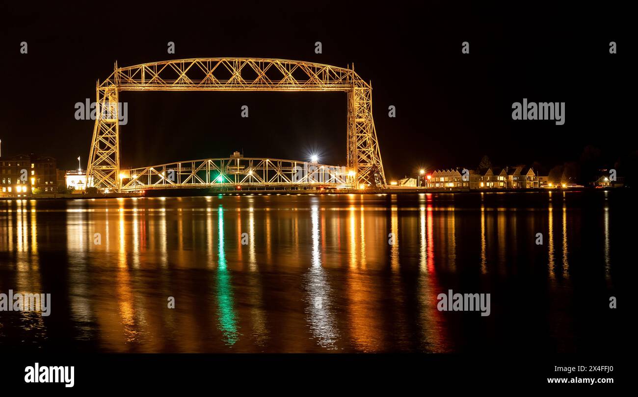 The iconic Duluth Minnesota Aerial Lift Bridge with reflections on calm ...