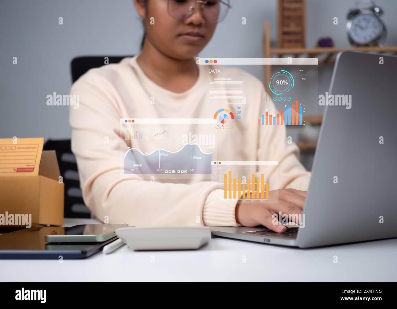 Business woman use computers to analyze business and manage corporate ...