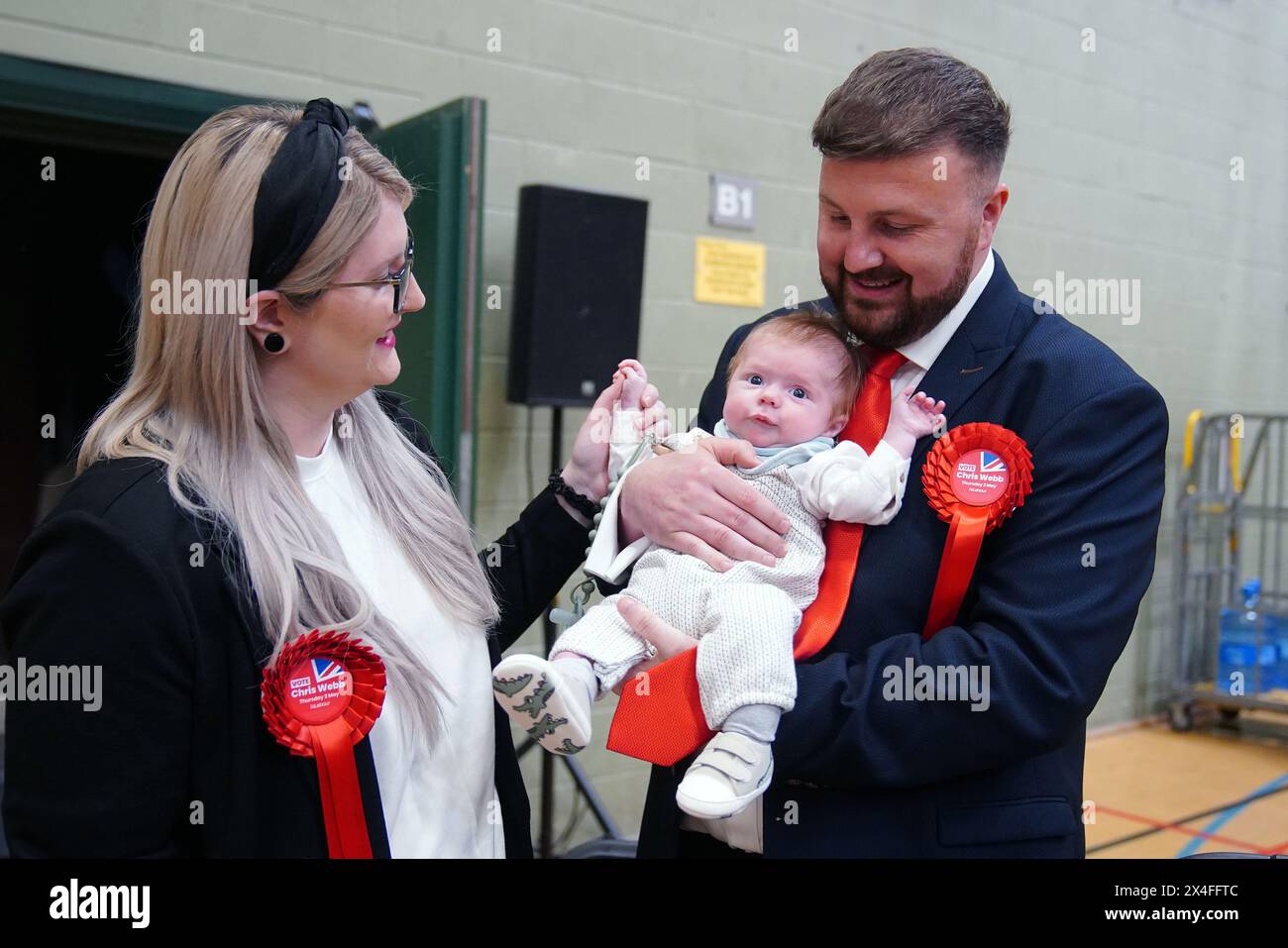 Labour candidate Chris Webb celebrates with his wife Portia and baby ...