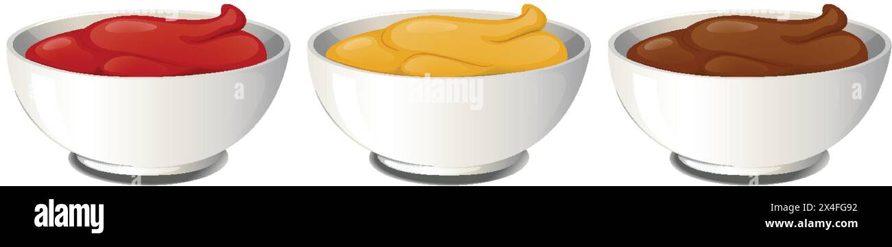 Three bowls with ketchup, mustard, and chocolate sauce Stock Vector ...